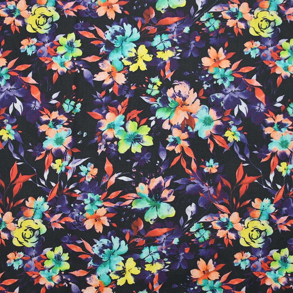 Coton imprimé fleuri graphique orange et violet fond noir – Les Coupons ...