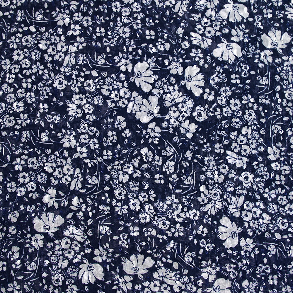 Mousseline crinkle imprimée lurex plumetis vent floral fond marine ...