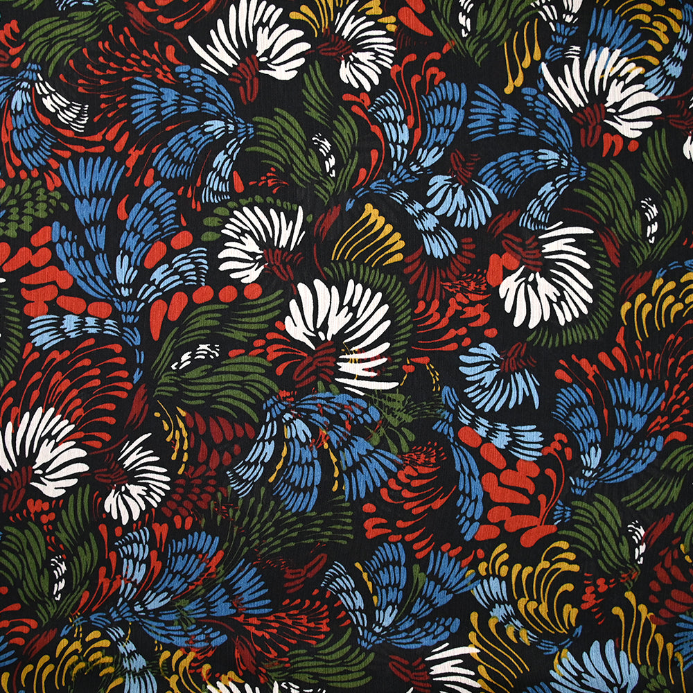 Satin crépon de polyester imprimé vol au vent fond noir – Les Coupons ...