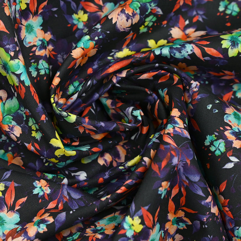 Coton imprimé fleuri graphique orange et violet fond noir – Les Coupons ...