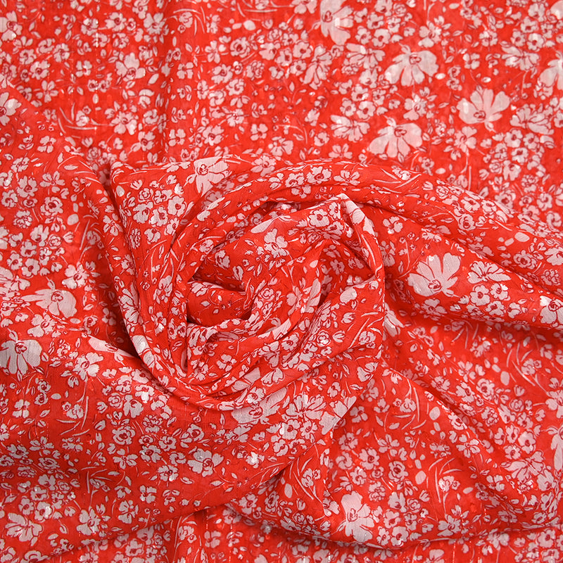 Mousseline crinkle imprimée lurex plumetis vent floral fond rouge – Les ...