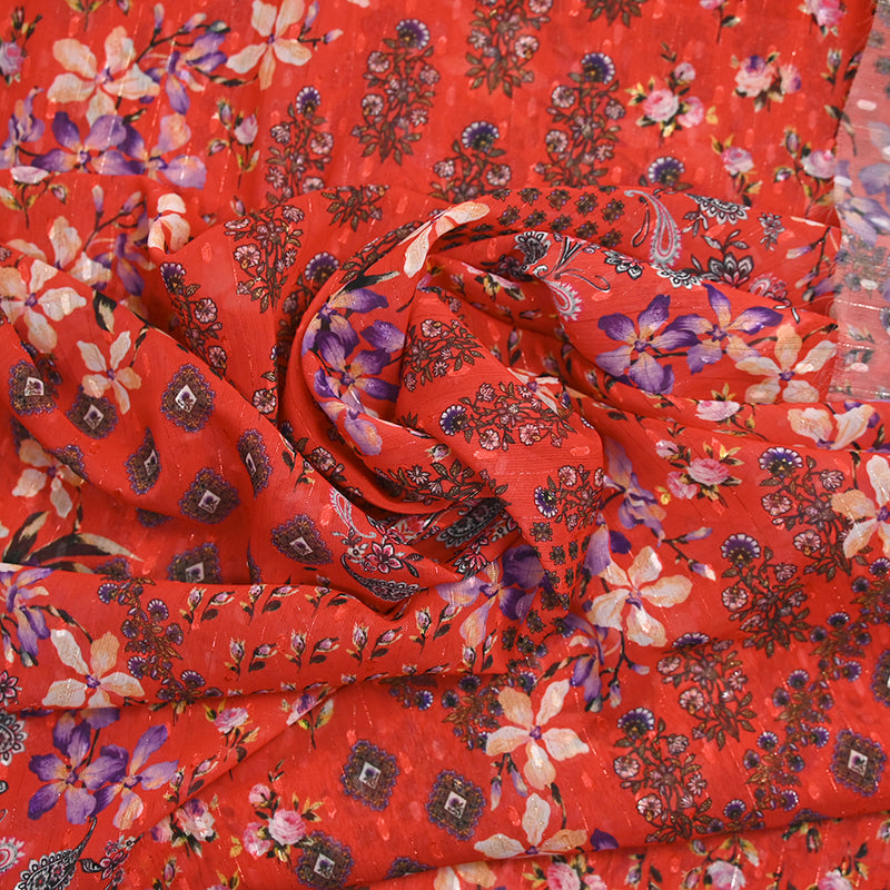 Mousseline crinkle imprimée lurex plumetis fleurs et cachemire fond ro ...