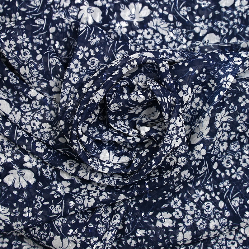 Mousseline crinkle imprimée lurex plumetis vent floral fond marine ...