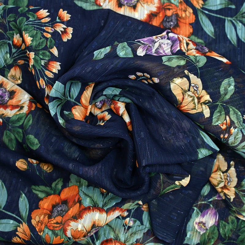 Mousseline polyester lurex et plumetis jardin orange fond marine – Les ...