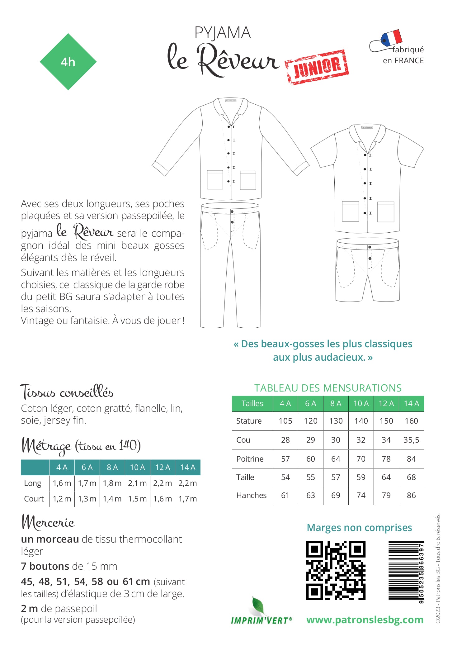 Junior couture pattern pajamas the dreamer – Les Coupons de Saint-Pierre