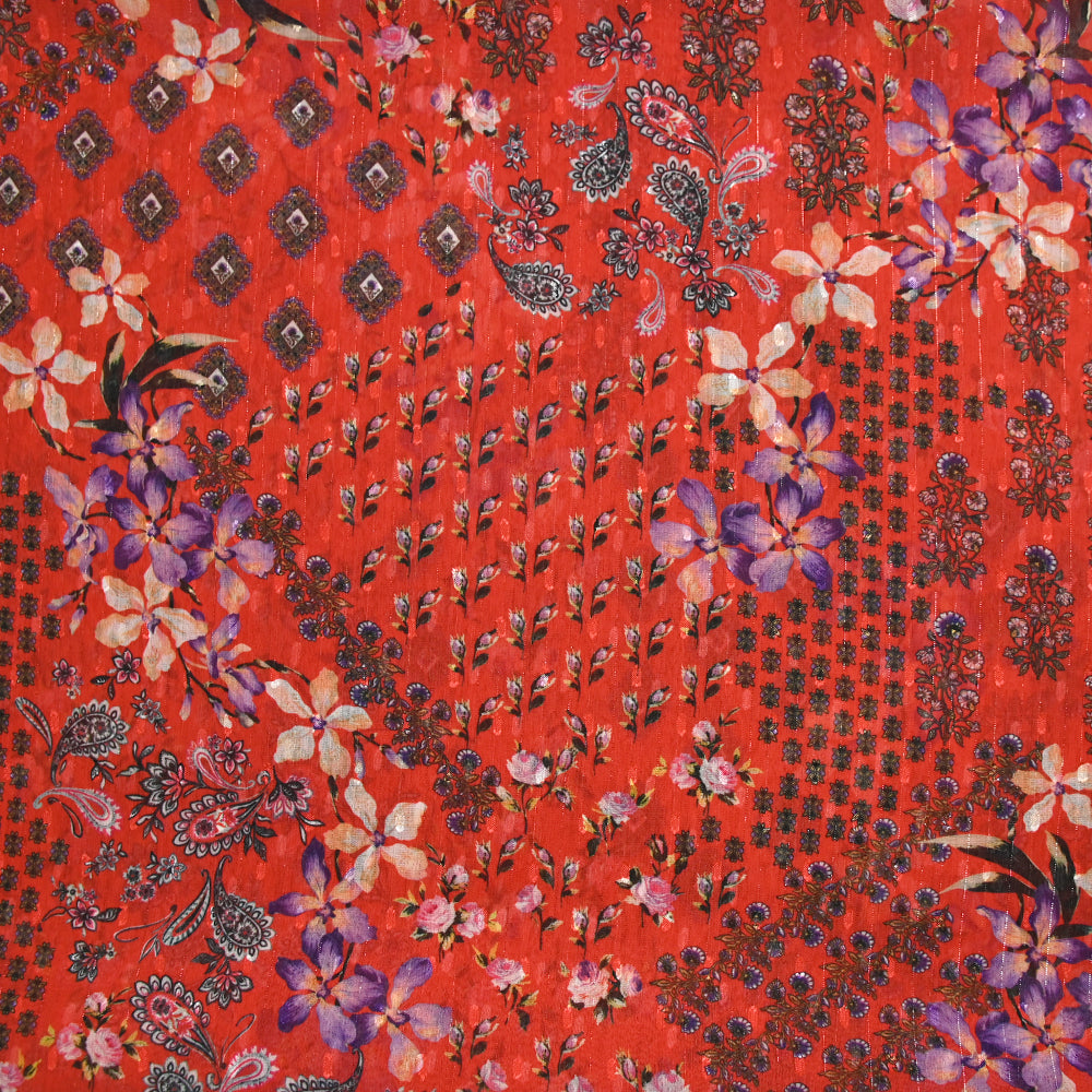 Mousseline crinkle imprimée lurex plumetis fleurs et cachemire fond ro ...