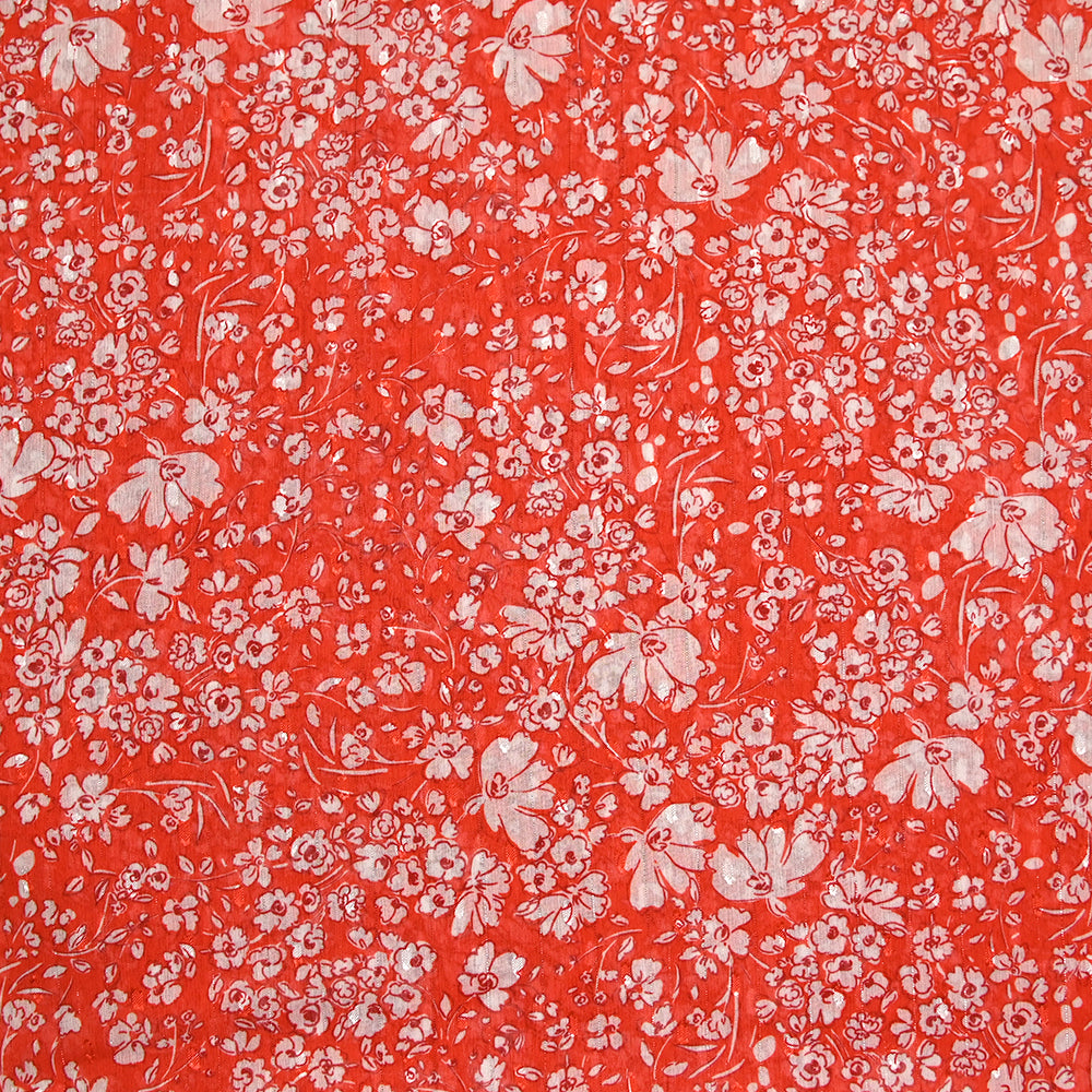 Mousseline crinkle imprimée lurex plumetis vent floral fond rouge – Les ...