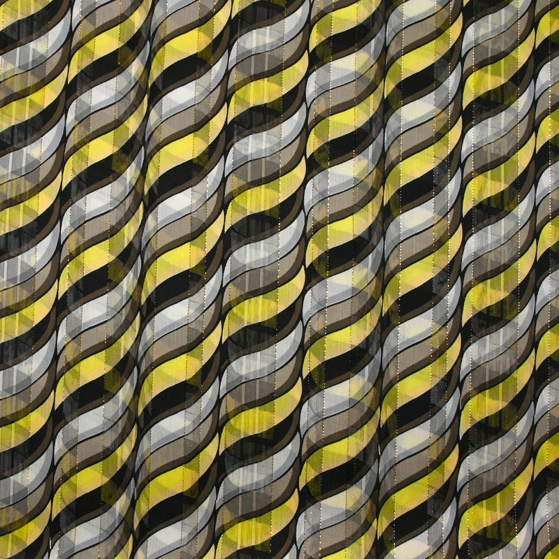 Mousseline imprimée bande satin ondulation géométrique marron et jaune ...