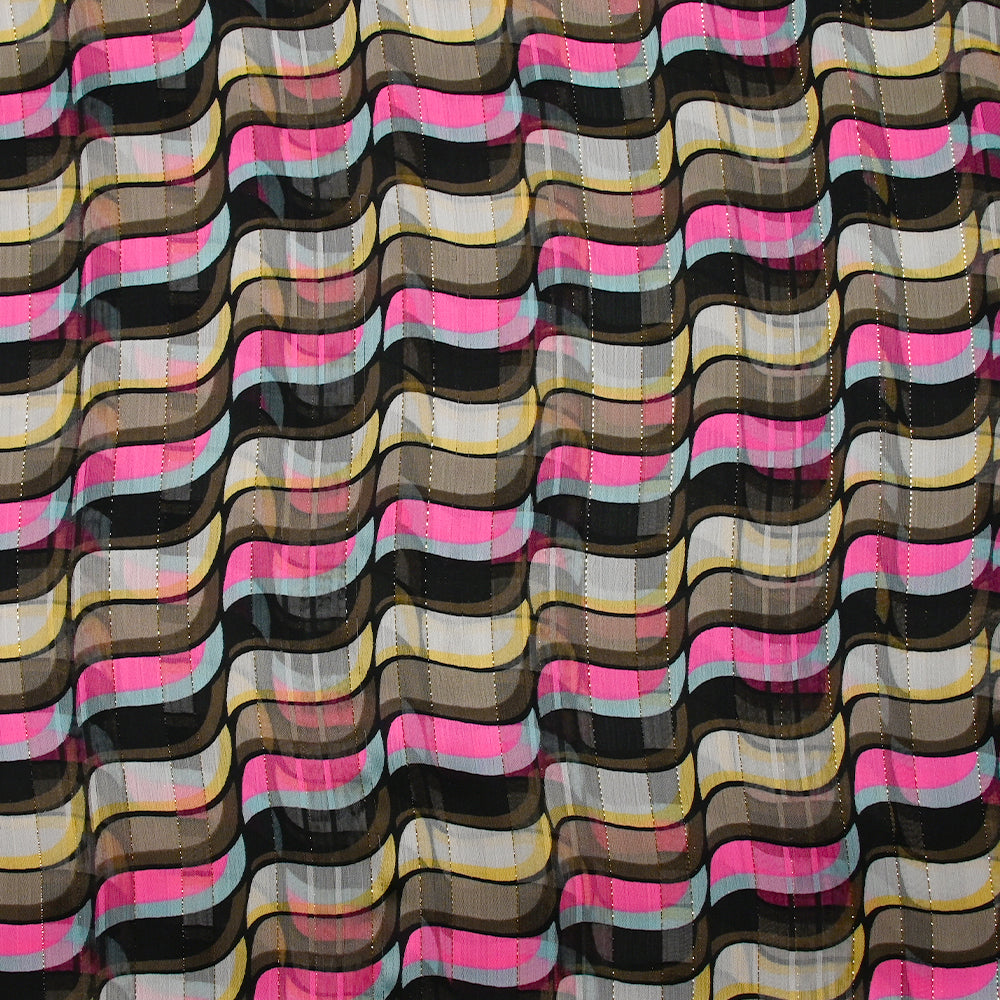 Mousseline imprimée bande satin ondulation géométrique marron et rose ...