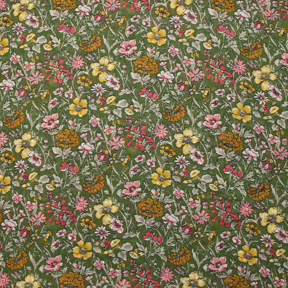 Mousseline imprimée jardin floral fond vert kaki – Les Coupons de Saint ...