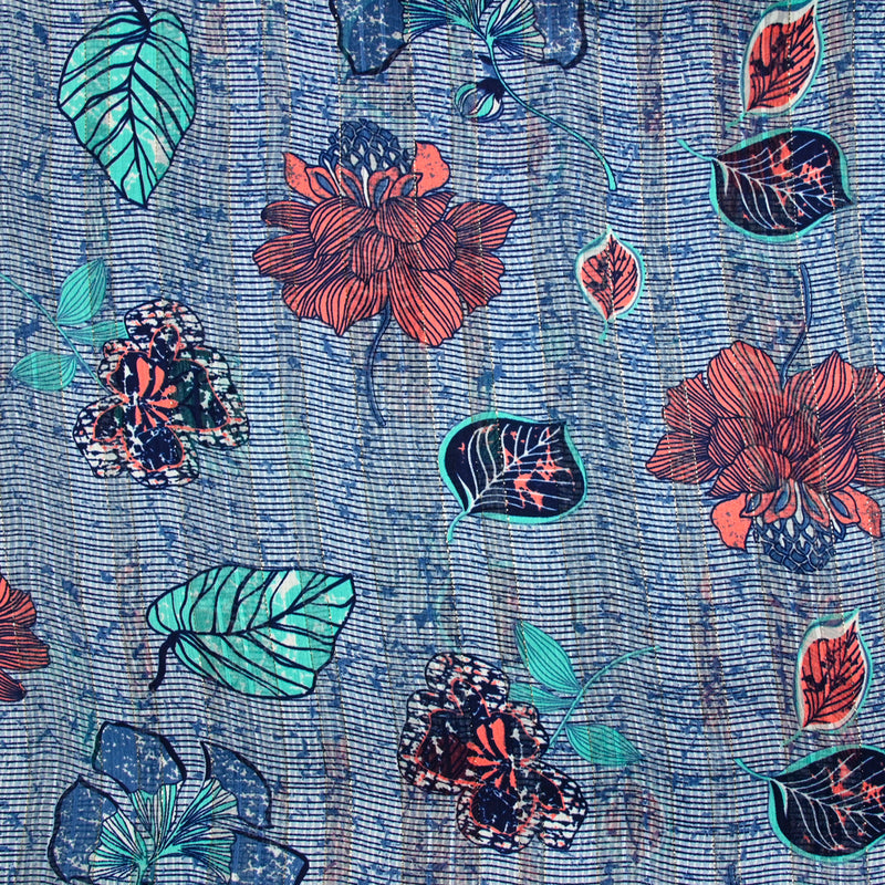 Mousseline polyester plumetis et lurex botanique fond bleu – Les ...