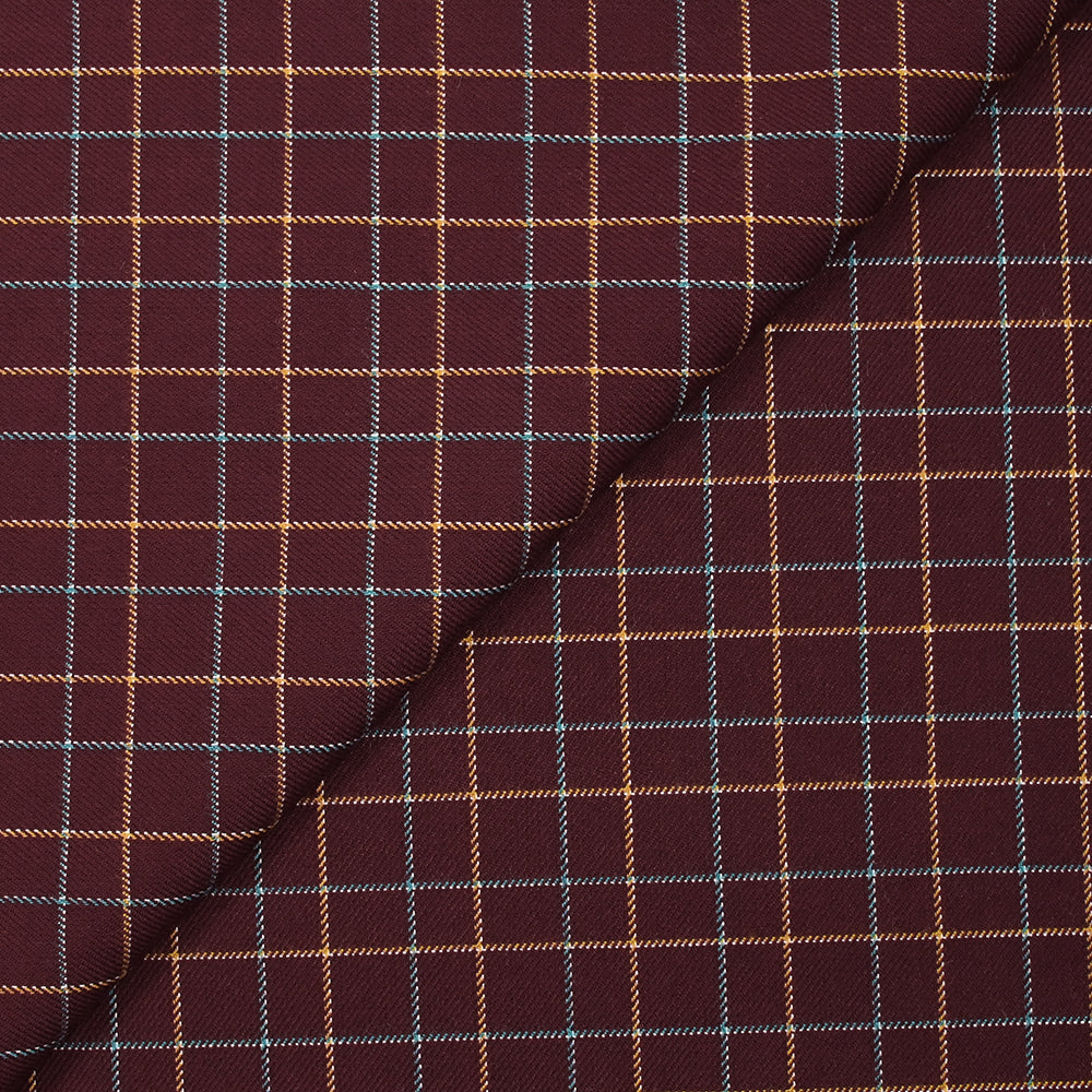 Polyviscose tissée-teinte à carreaux jaune et turquoise fond lie de vi ...