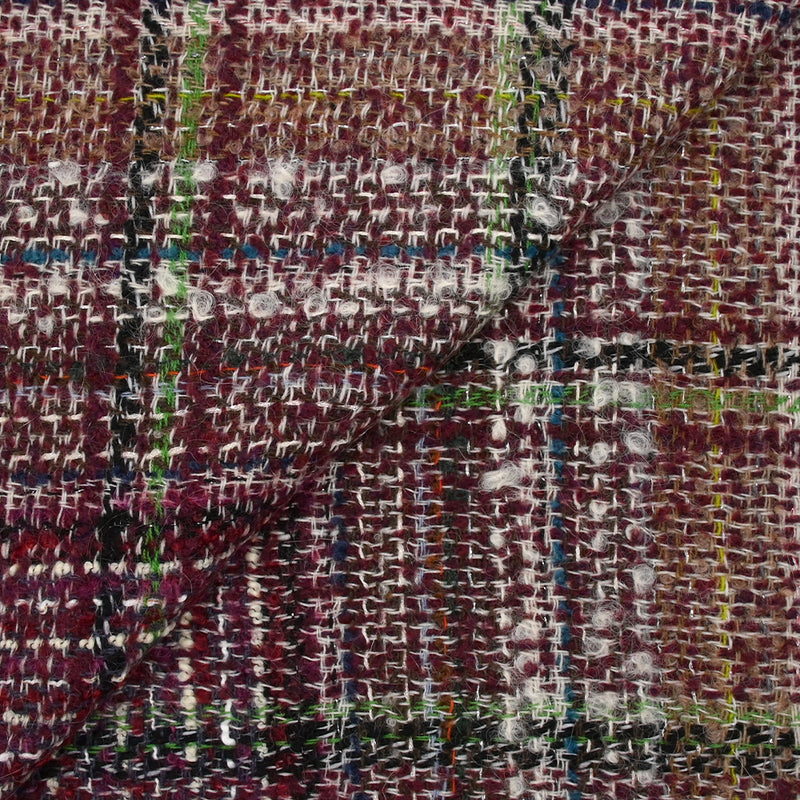 Tweed de laine mélangée Capucine ligne verte et noire fond lie de vin ...