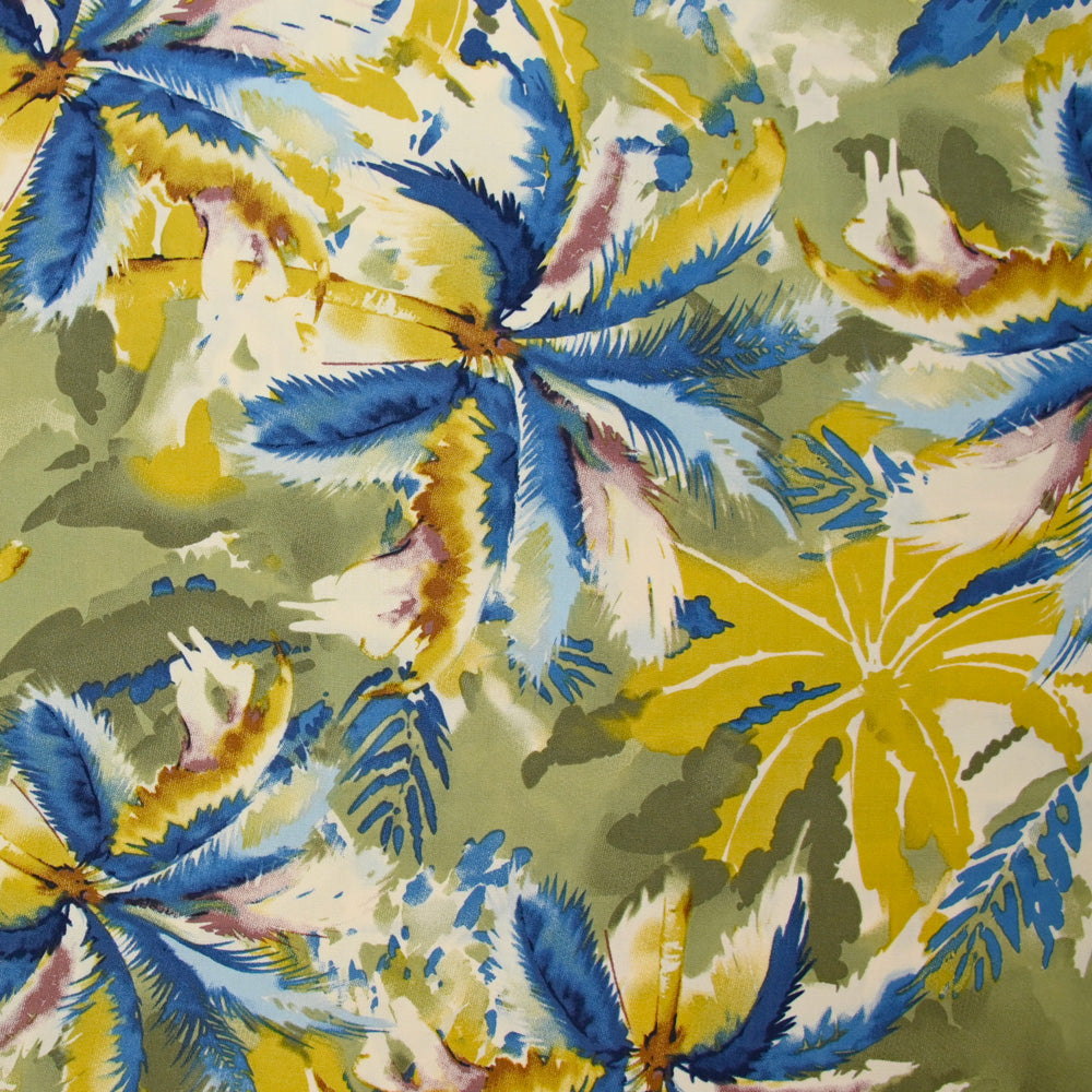 Viscose imprimée Miami bleu fond kaki – Les Coupons de Saint-Pierre
